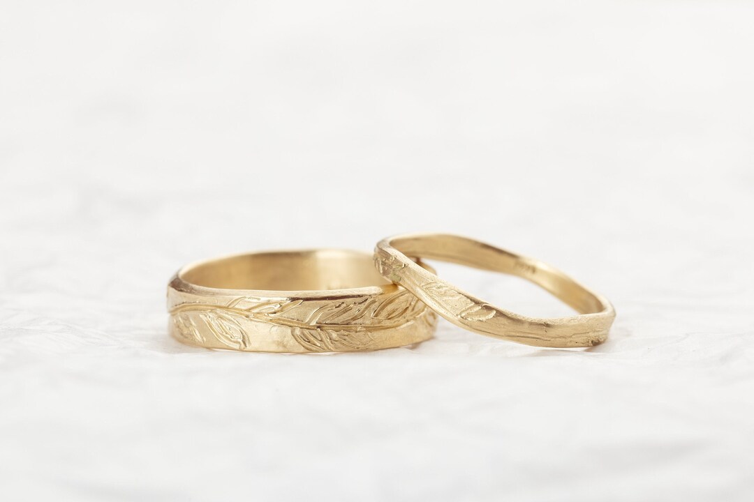14k Solid Yellow Gold Wedding Bands His And Hers Matching Wedding Rings Floral Band Olive