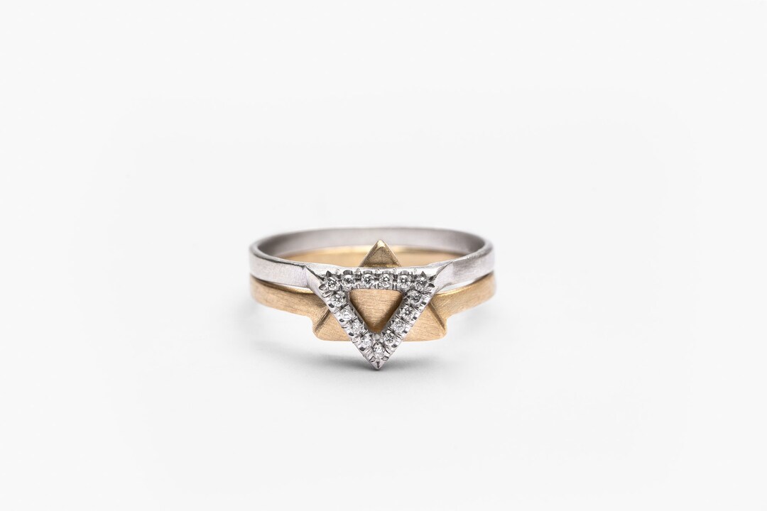 SET - 2-piece 14K Gold Triangle Rings | Two Tone Diamond Star of David Ring | Jewish Matching ...