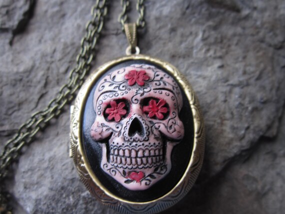 Pink Sugar Skull Bronze Locket Skeleton Hand Painted | Etsy