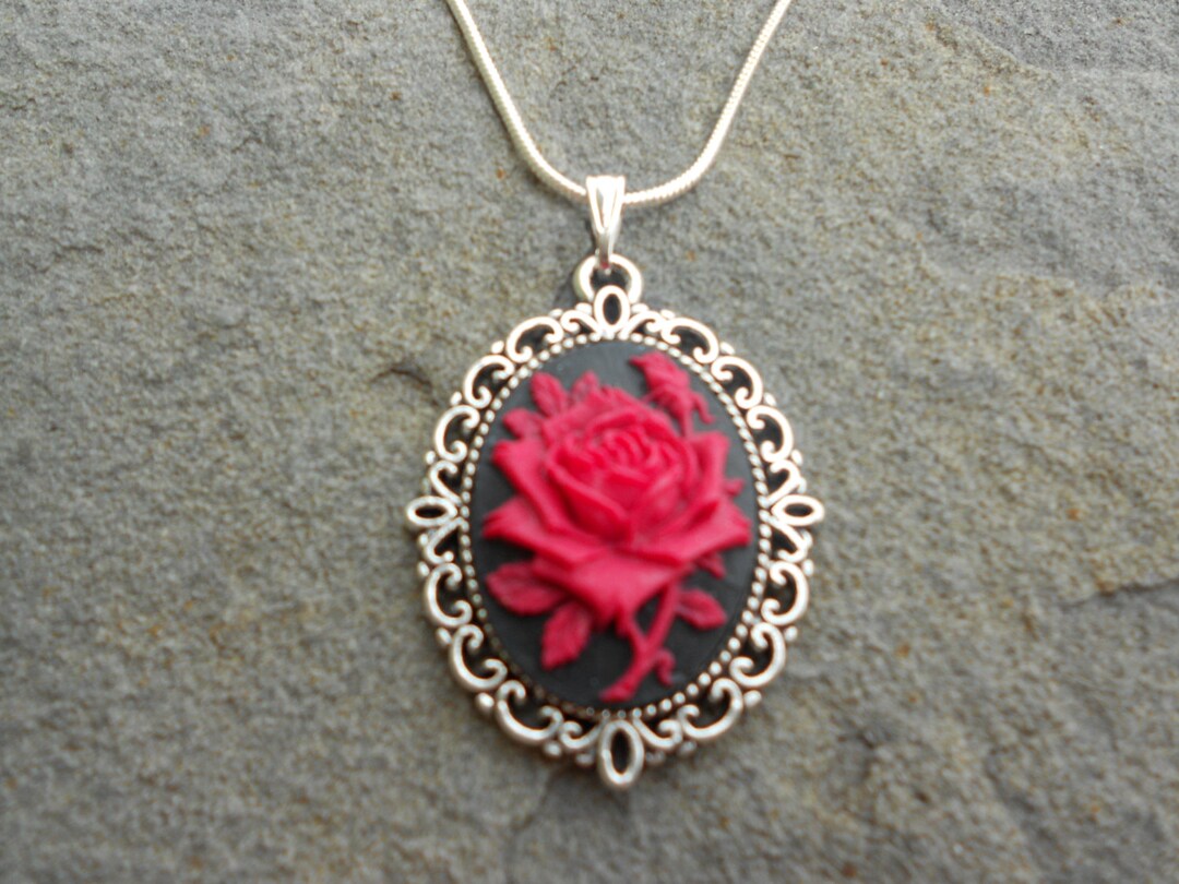 Stunning Red Rose Cameo Pendant Necklace---.925 Plated 22" Chain ...
