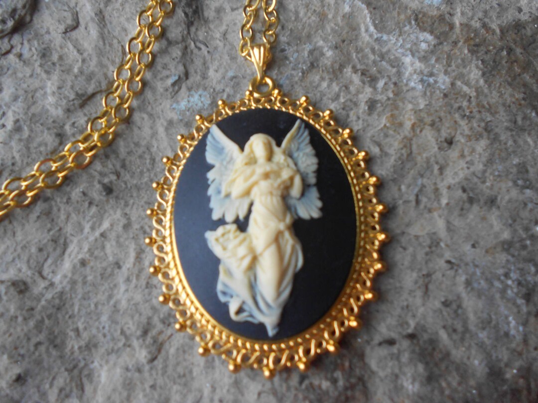 Choose Black or Blue - Flying Guardian Angel Cameo Gold Plated Pendant ...