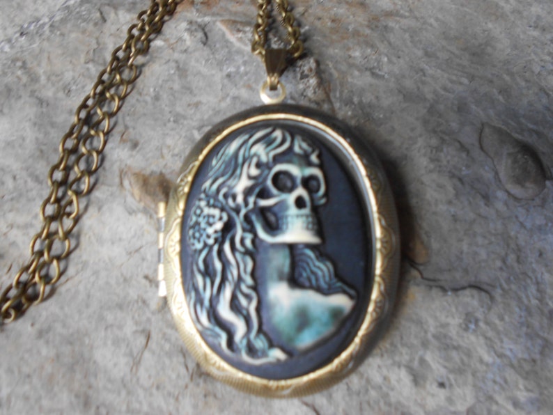 Choose Bronze or Silver - CAMEO LOCKET-- Skeleton Lady - Zombie - Sugar ...