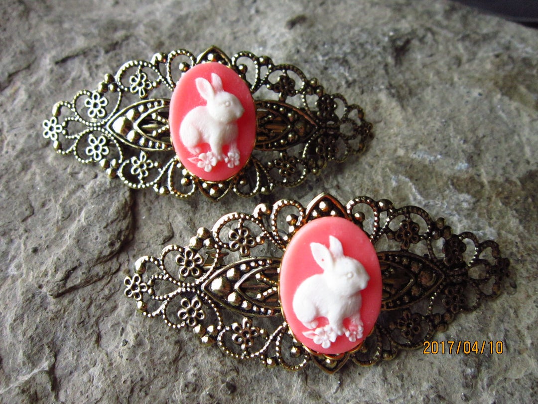 Pair of Bunny Rabbit Cameo Antiqued Gold Filigree Barrette - Handmade ...