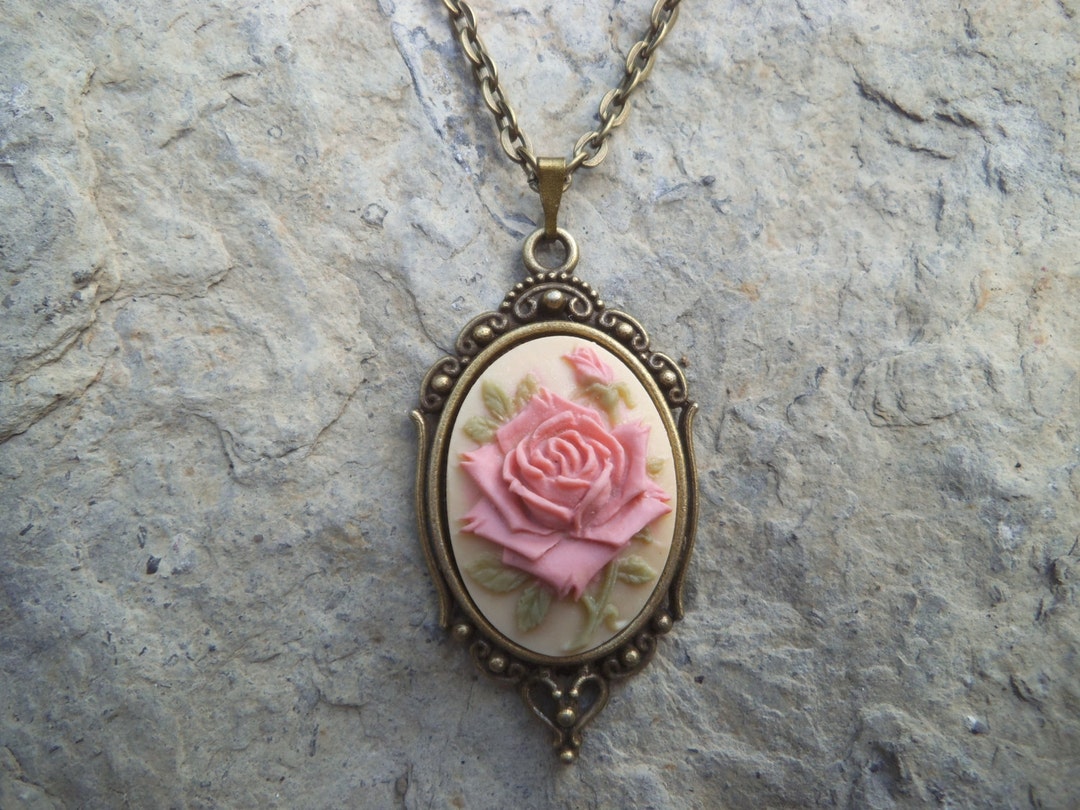 Beautiful Pink Rose Cameo Necklace - Bronze Setting, Bronze Chain ...