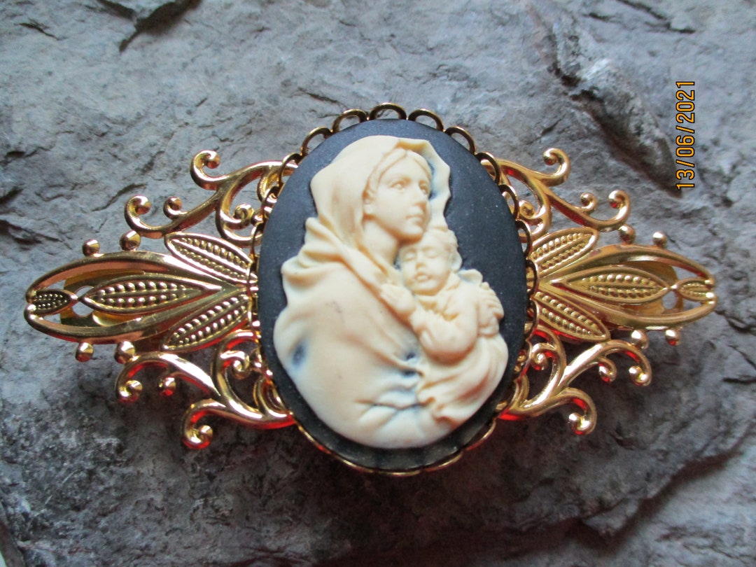 Choose Black or Green - Virgin Mary and Jesus Cameo Gold Filigree ...