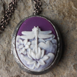 Choose Black, Blue, or Purple - Dragonfly Antiqued Silver Plated Locket ...