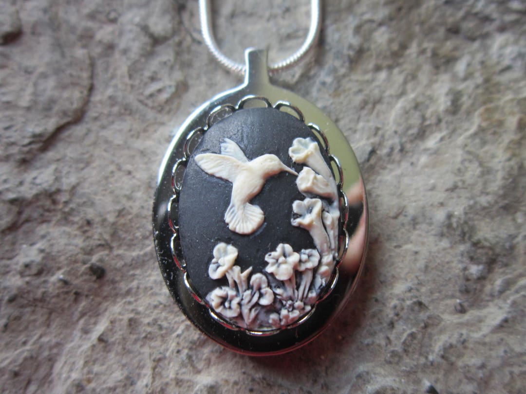 Choose Black or Purple - Hummingbird Cameo Stainless Steel Urn Necklace ...