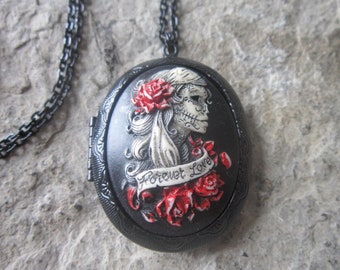 Bronze Hand Painted Cameo Locket Skeleton Twins on Black | Etsy
