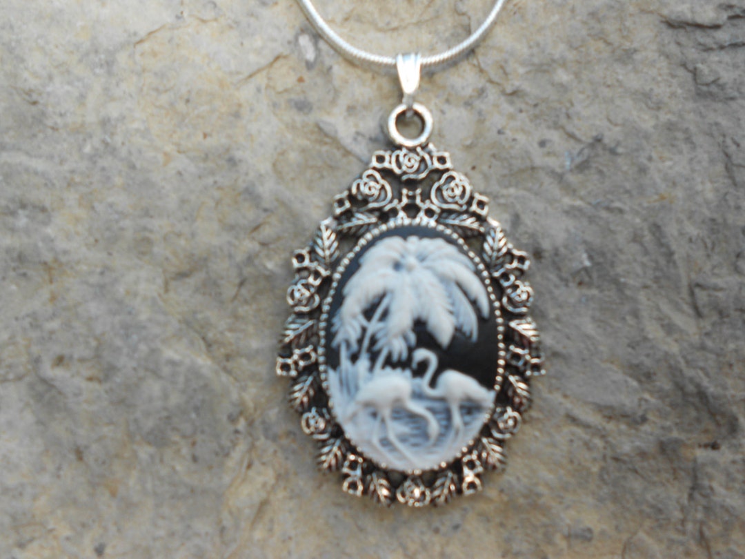Stunning White Flamingos, Palm Tree and Ocean (on Black) Cameo Pendant ...