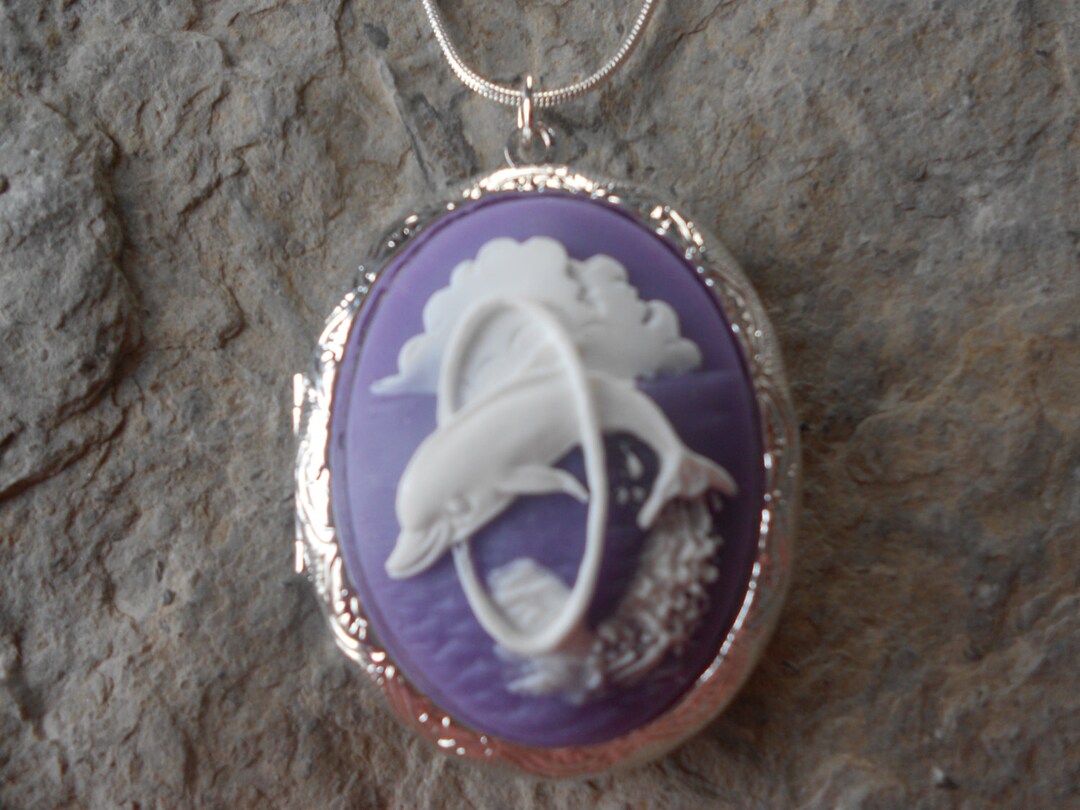Locket--stunning Dolphin (white on Purple) Pendant Locket-- 2" Long ...
