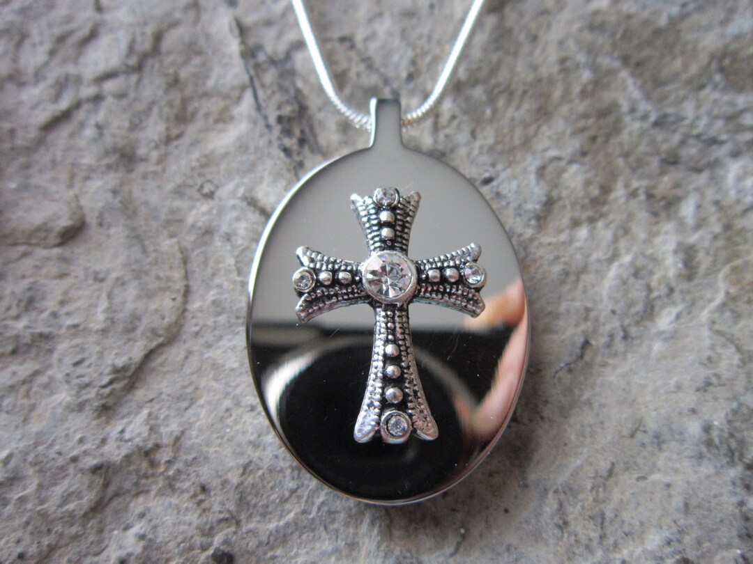 Cross With Rhinestone Stainless Steel Oval Urn Necklace - Ashes - Lock ...
