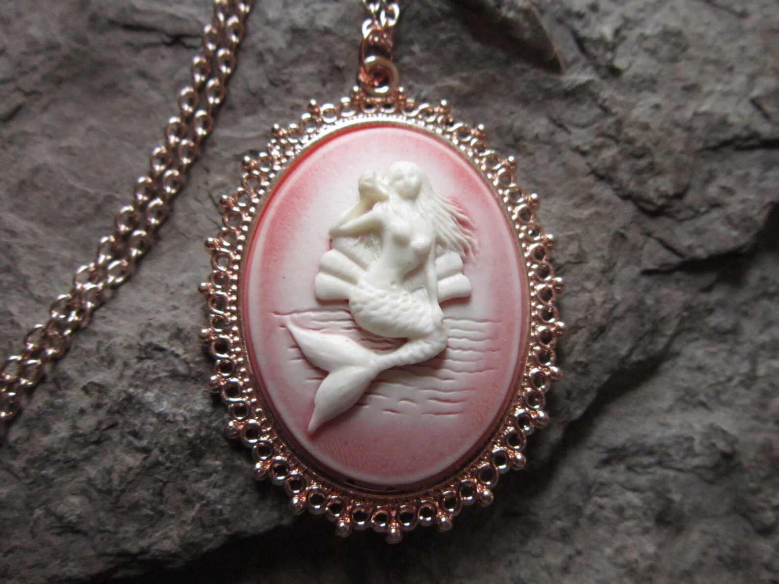 Choose Purple, Blue or Pink - Mermaid Cameo Rose Gold Tone Pendant ...