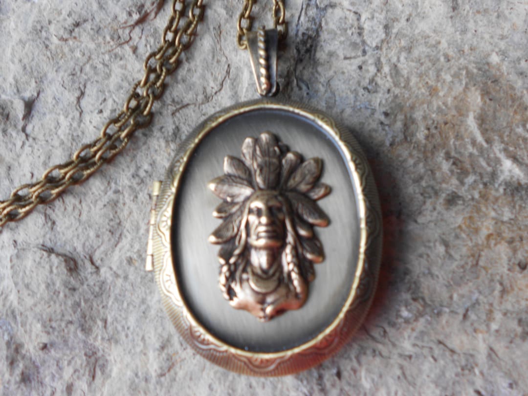Stunning Native American Indian Chief Bronze Locket - 2" Long - Vintage ...