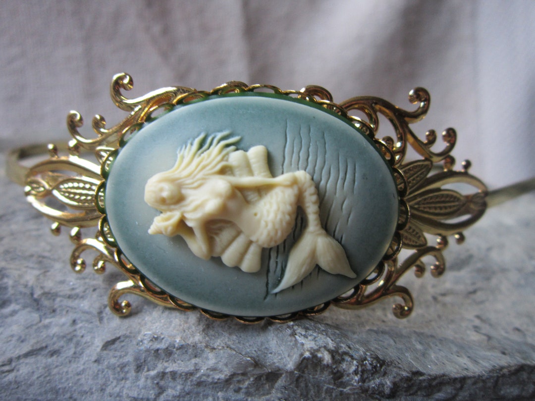 Choose Green or Blue - Mermaid Holding Shell Cameo and Filigree Gold ...