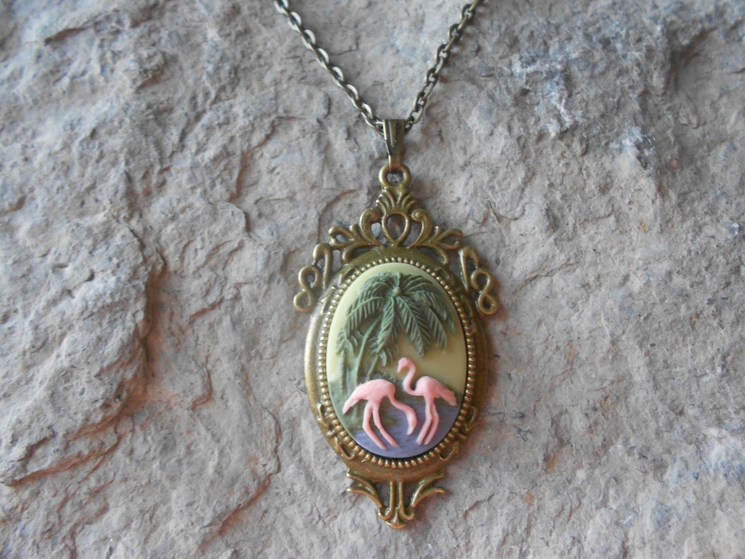 Stunning Flamingos and Palm Tree, Ocean Cameo Pendant Necklace---bronze ...