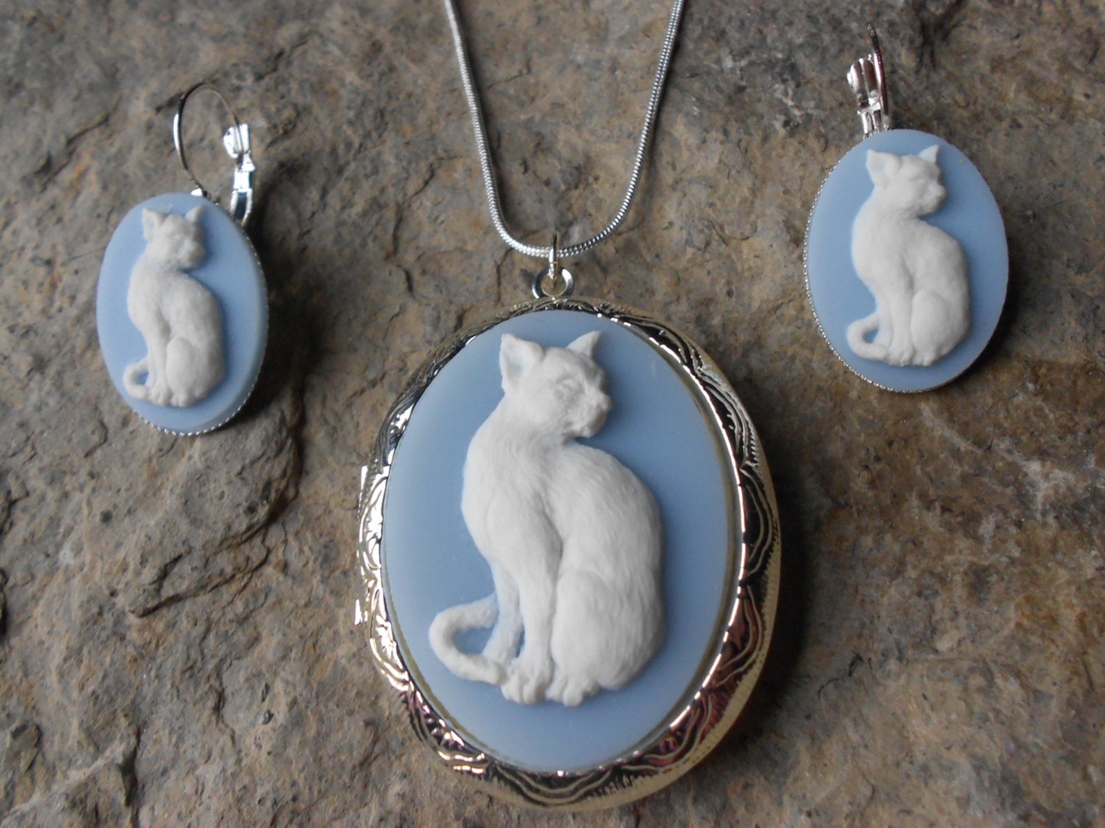 Kitty Cat Locket and French Lever Back Earrings Set Gift Set - Etsy