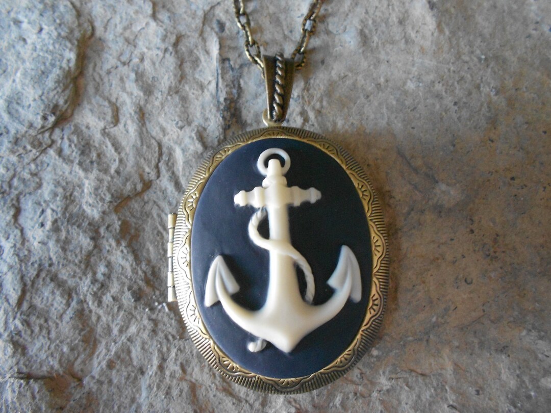 Locket--stunning Anchor Pendant Lockets--navy Blue, 2" Long--- Bronze ...