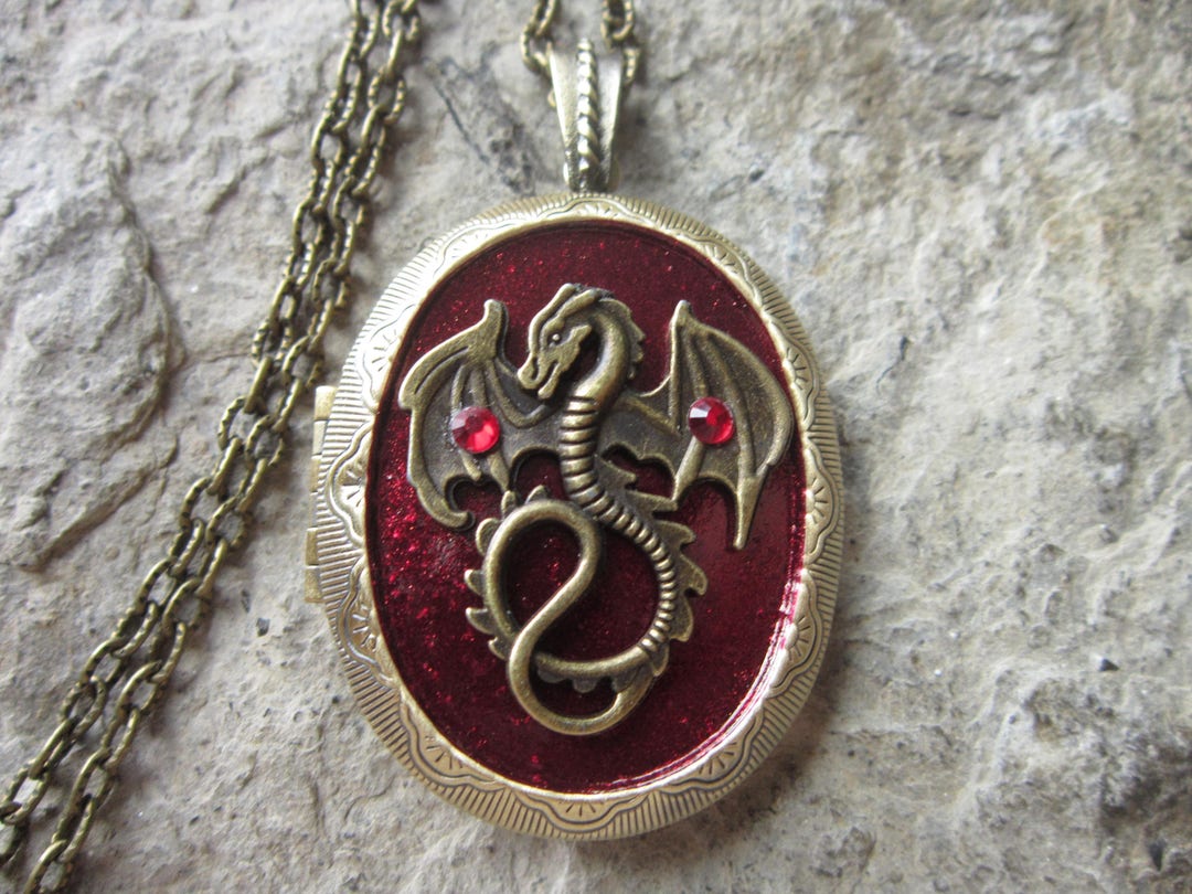 Dragon Bronze Pendant Locket - Burgundy, Blood Red Background With ...