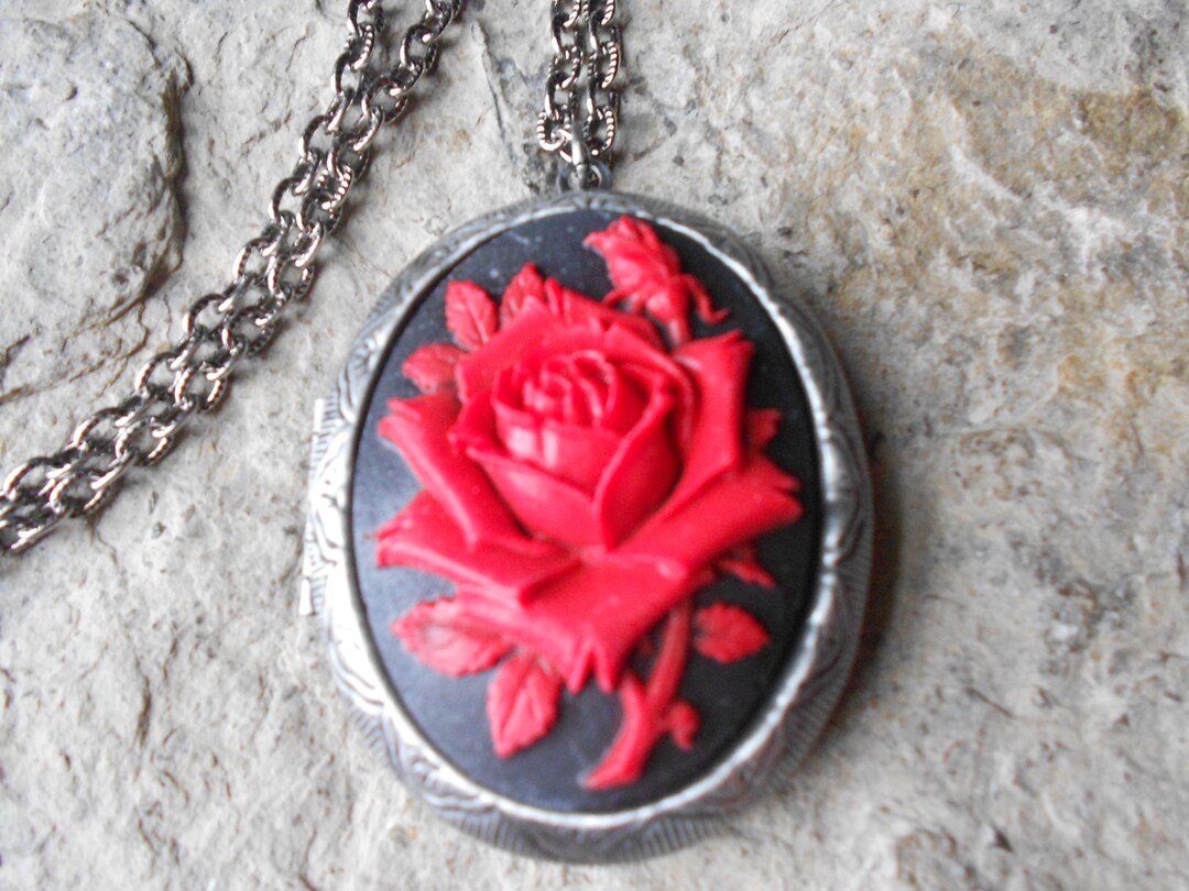 Antique Silver Plated Cameo Locket!!! Red Rose on Black - Gorgeous ...