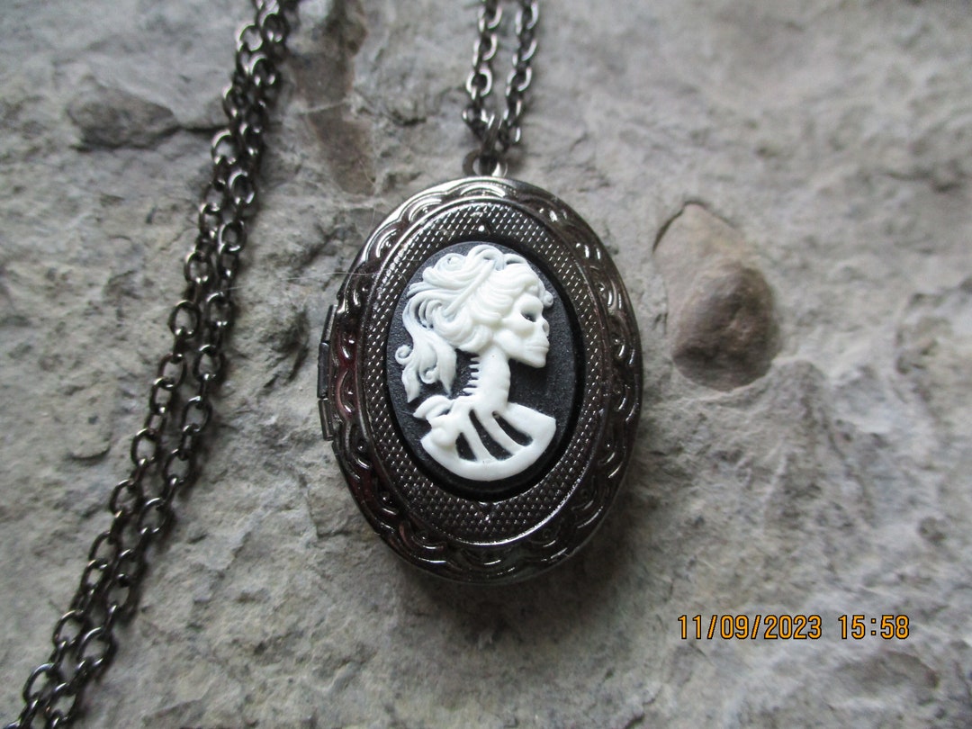 Choose White or Black Skeleton Woman - Dark Silver / Gunmetal Cameo ...