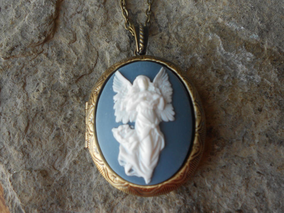 Choose Blue or Red - Guardian Angel Cameo Bronze Locket - Religious - 2 ...