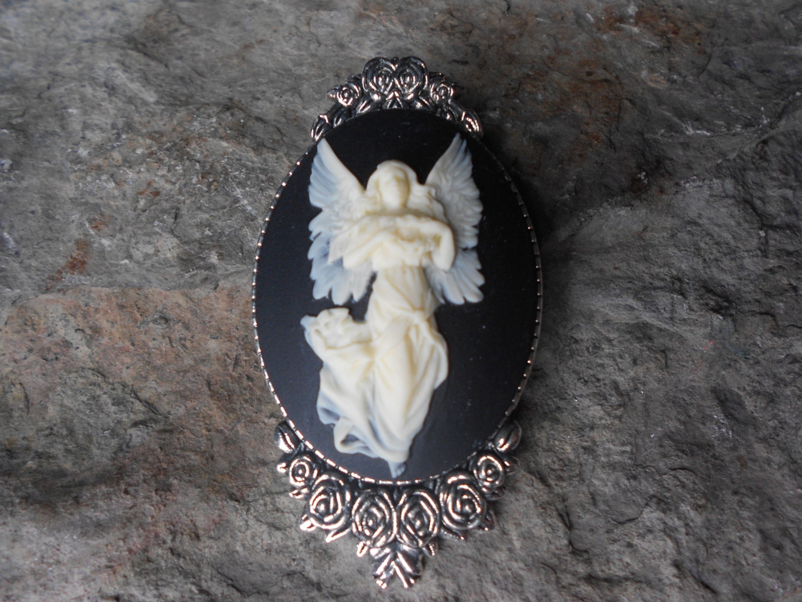 Brooch - Guardian Angel With Wings Cameo Brooch / Pin, Beautiful Rose ...