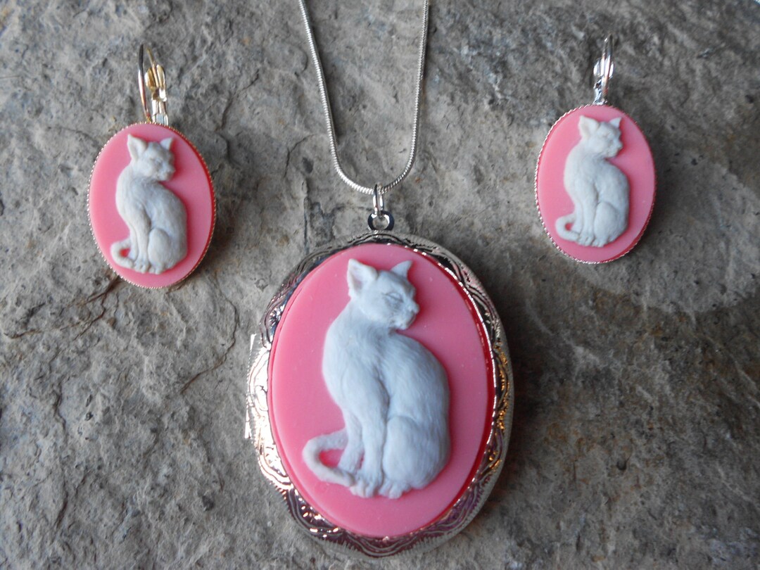 Kitty Cat Locket and French Lever Back Earrings Set - Gift Set - .925 ...