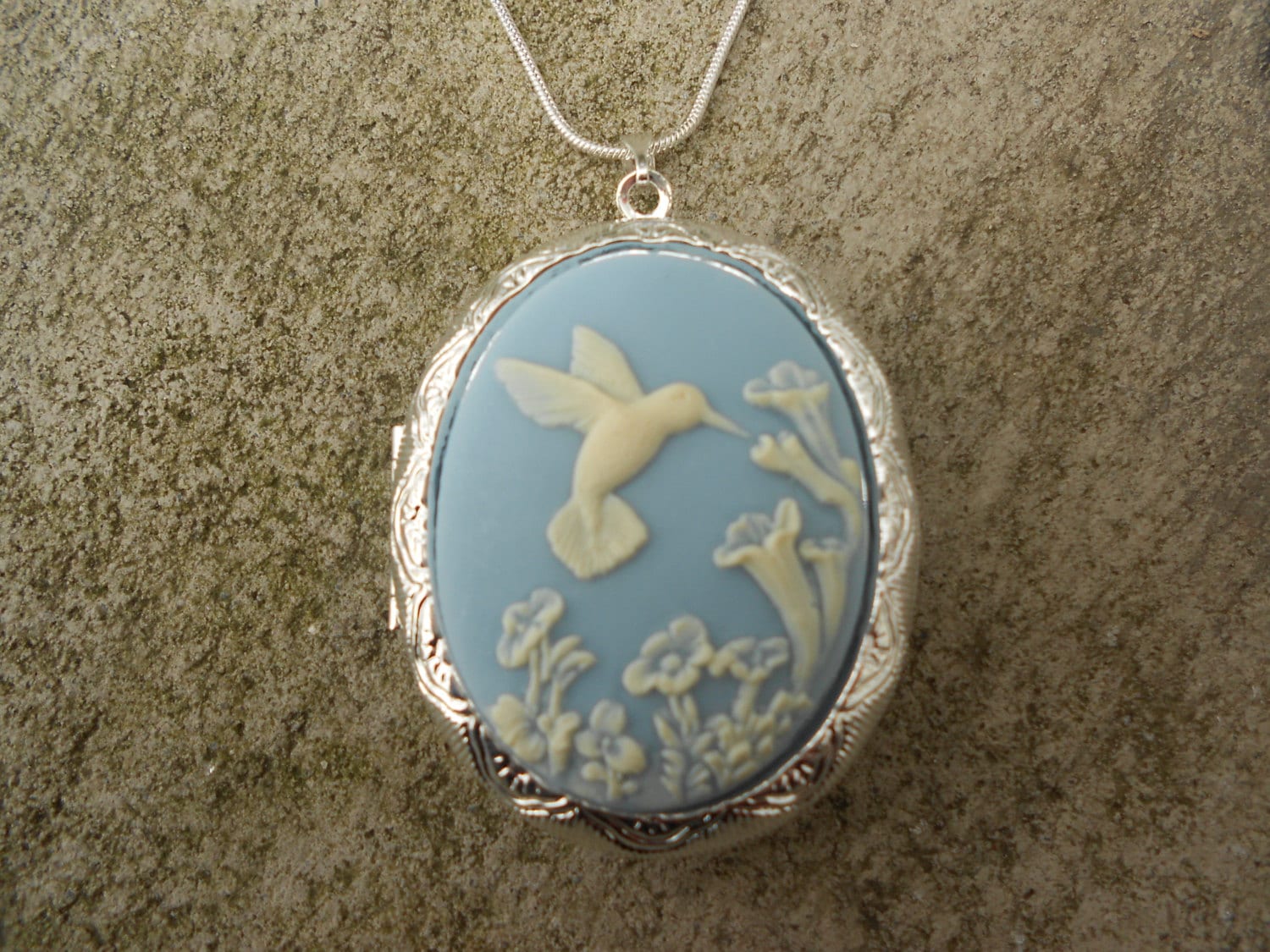 Locketstunning Hummingbird ivory on Blue Pendant Locket | Etsy