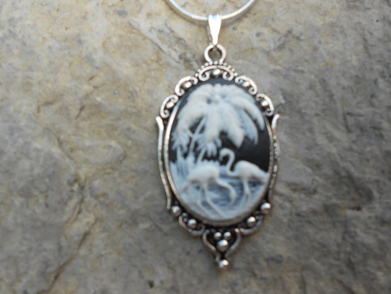 Stunning White Flamingos, Palm Tree and Ocean (on Black) Cameo Pendant ...