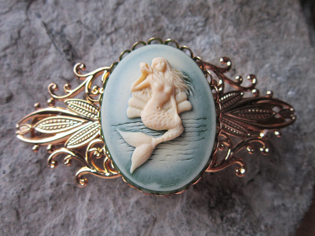 Choose Green or Black - Mermaid With Shell Cameo Gold Filigree Barrette ...