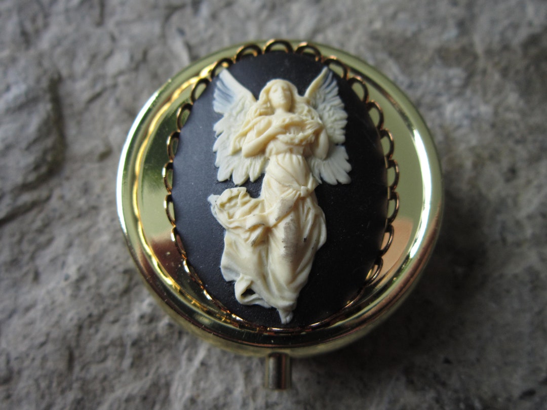 Choose Color- Gold Tone Guardian Angel Cameo Pill Box - Medication Case ...