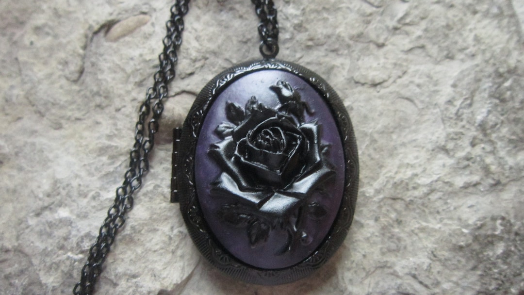 Hand Painted Black Rose on Dark Purple Cameo on a Black Enamel Locket ...