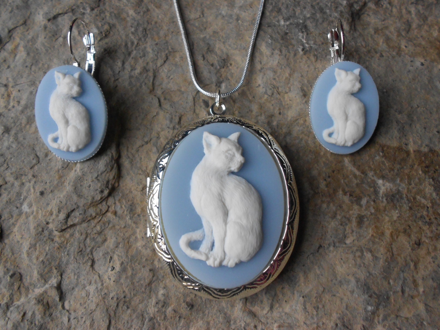 Kitty Cat Locket and French Lever Back Earrings Set Gift Set - Etsy
