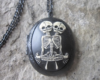 Bronze Hand Painted Cameo Locket Skeleton Twins on Black | Etsy
