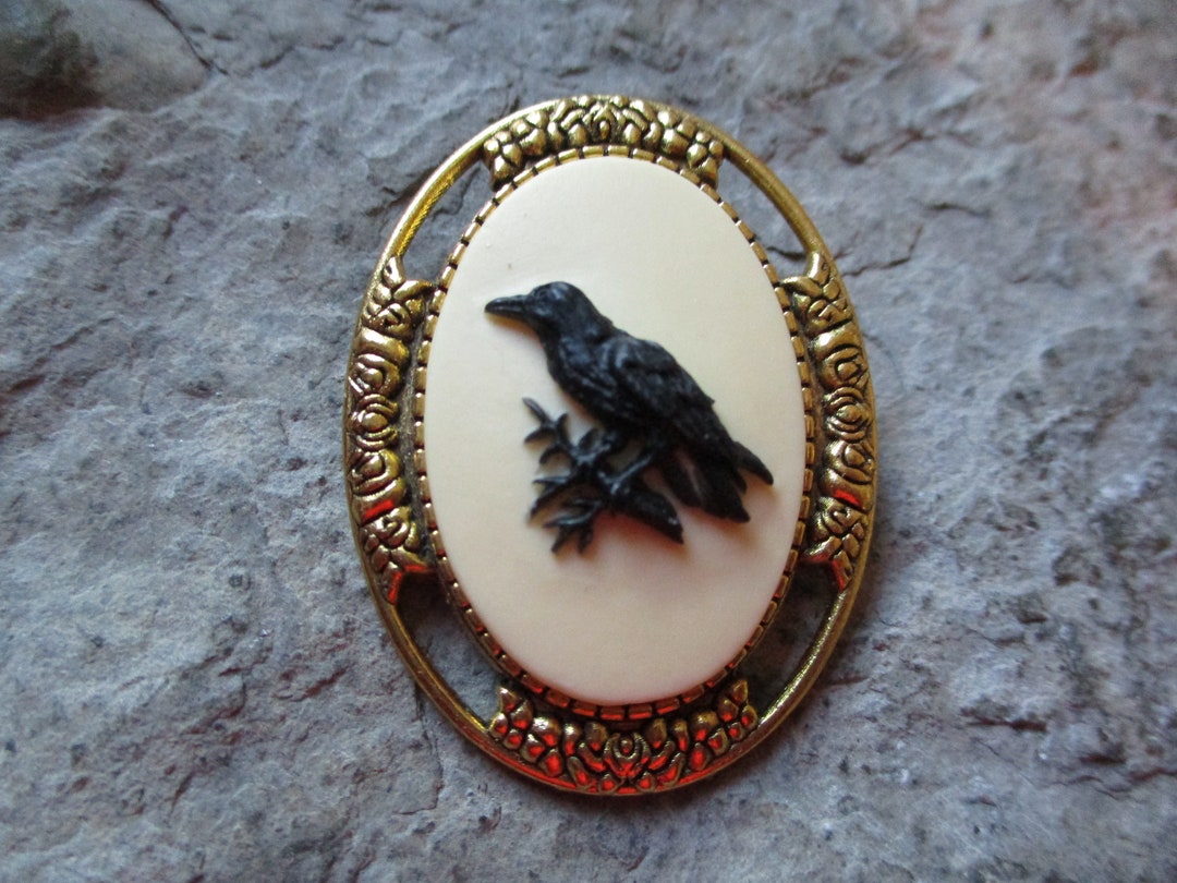 Choose Background Color - Raven, Black Bird, Crow Cameo Gold Brooch ...