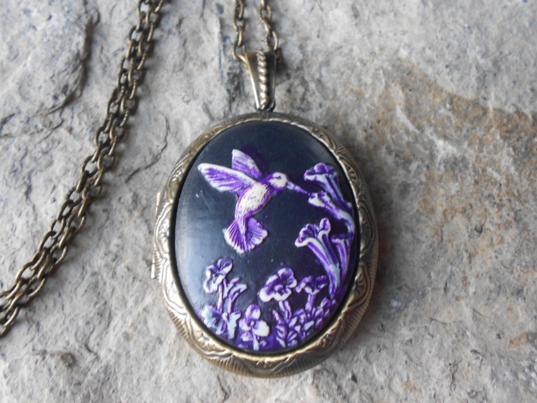 Hummingbird Bronze Locket (hand Painted) Purple, Black- Antiqued Look ...