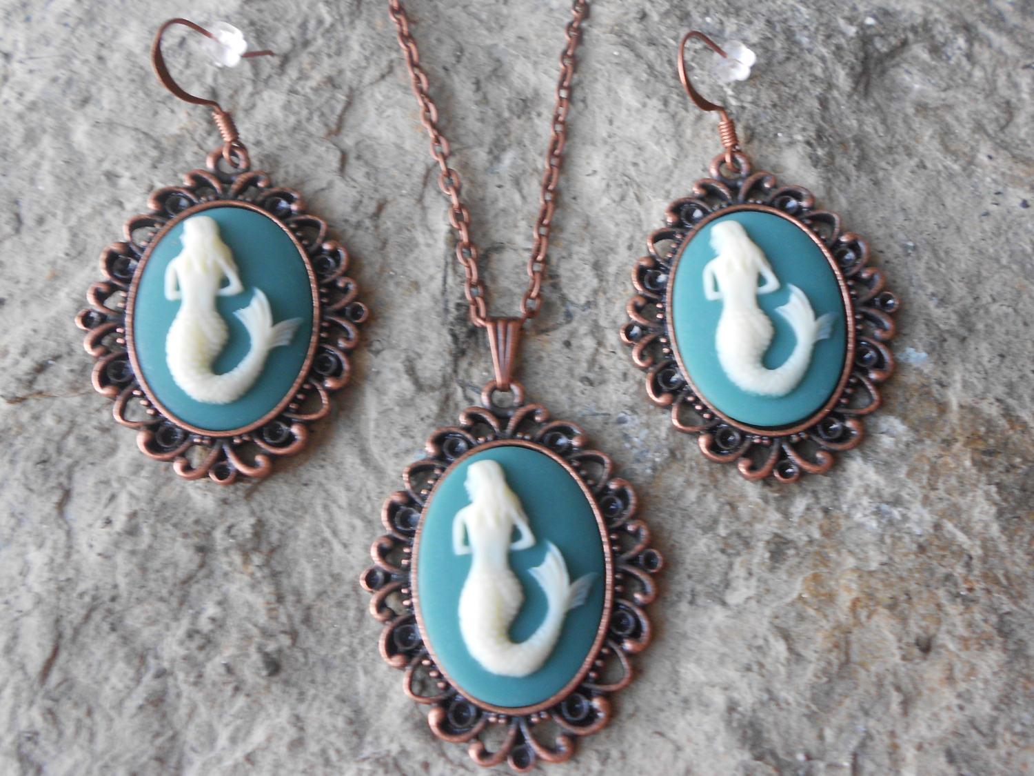 Stunning 2 Piece Copper Set- Mermaid Cameo Necklace and Earrings ...
