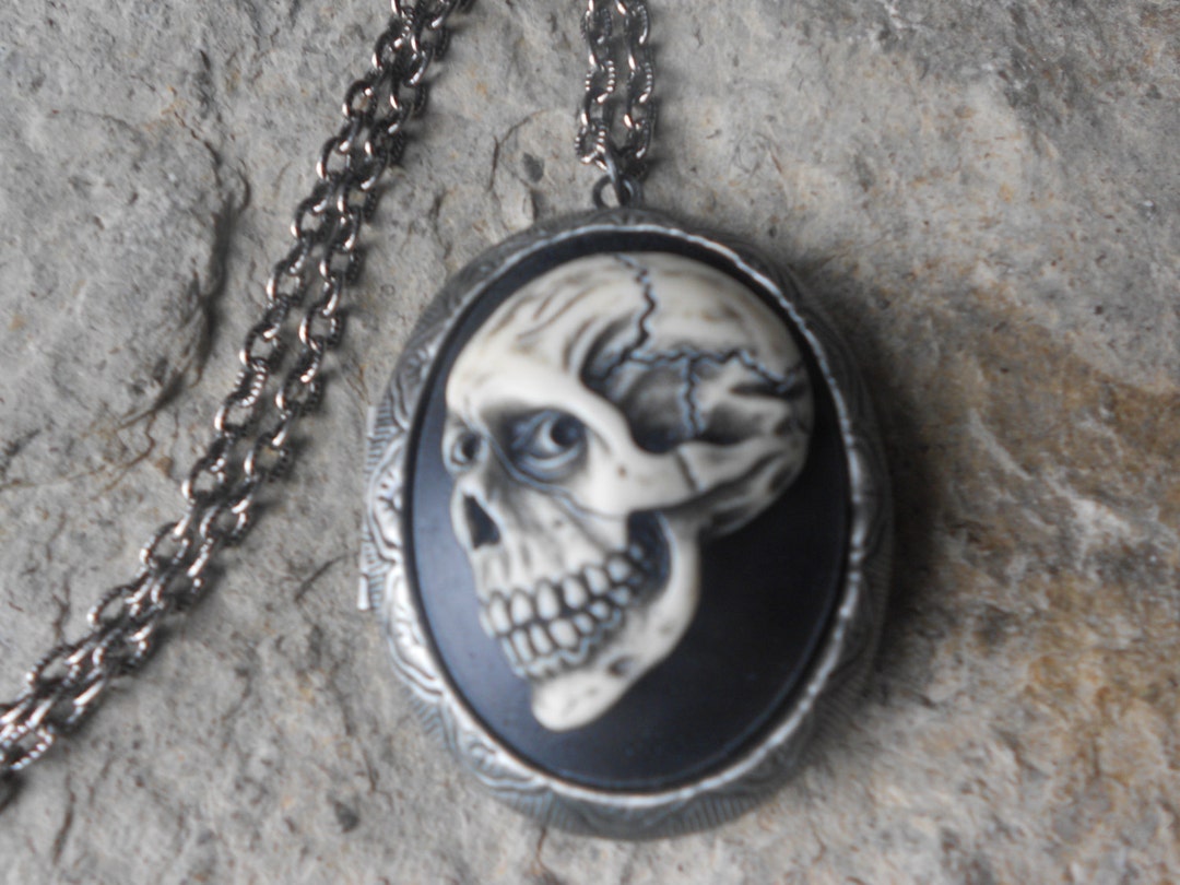 Choose Antiqued Silver or Bronze - Skull Cameo Locket- Hand Painted - 2 ...