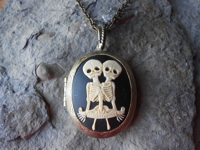 Bronze Cameo Locket!!! Skeleton Twins on Black!! - Conjoined Skeleton ...