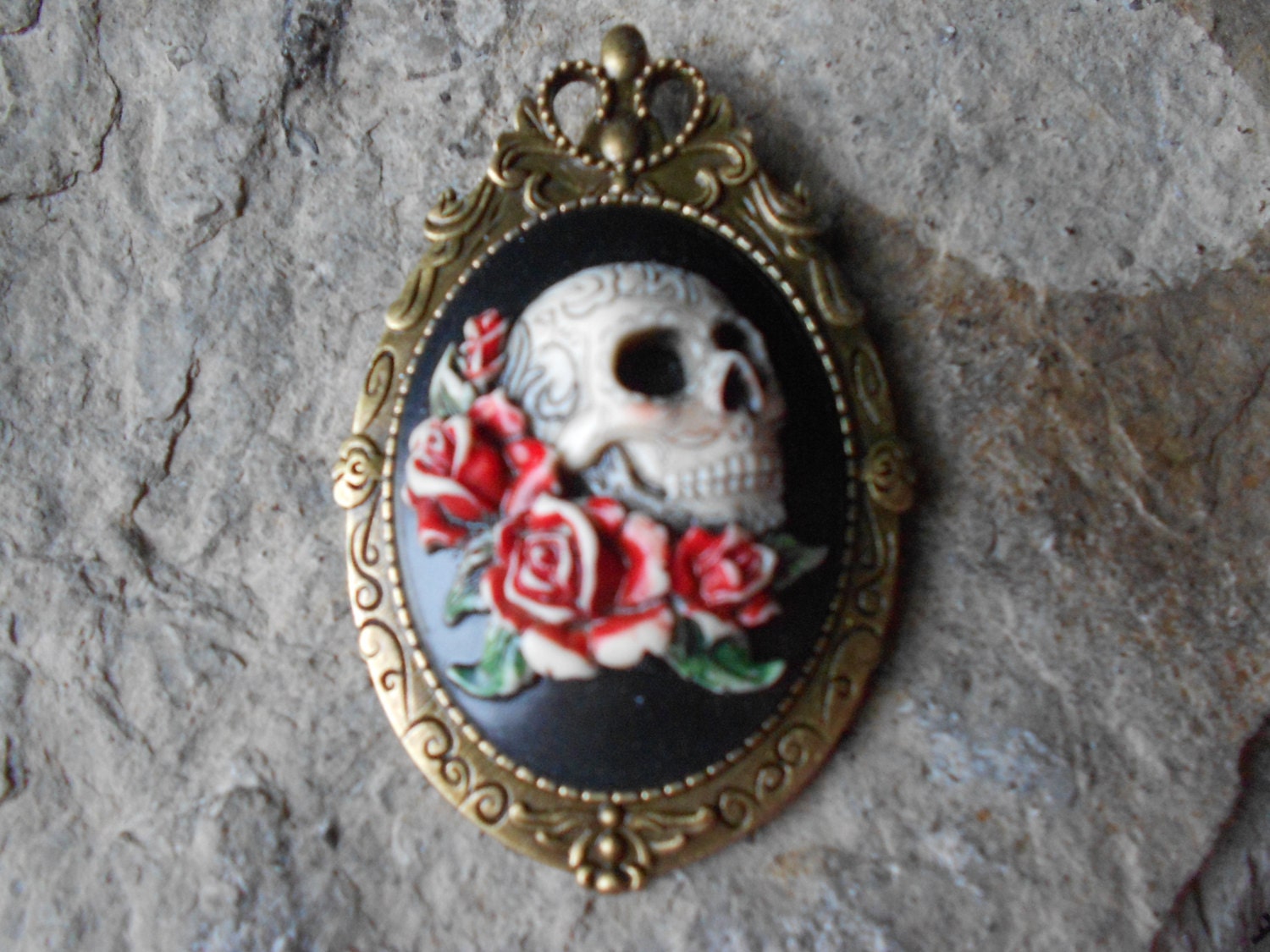 2 in 1 Skull and Roses Hand Painted Cameo | Etsy