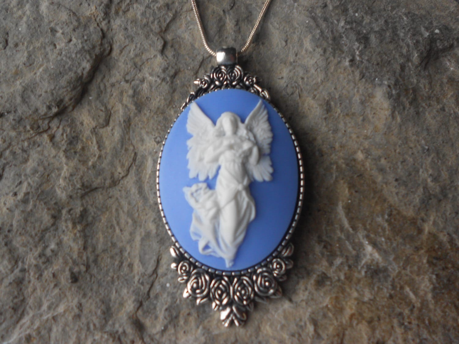 Choose Black or Blue Stunning Guardian Angel Cameo Pendant | Etsy