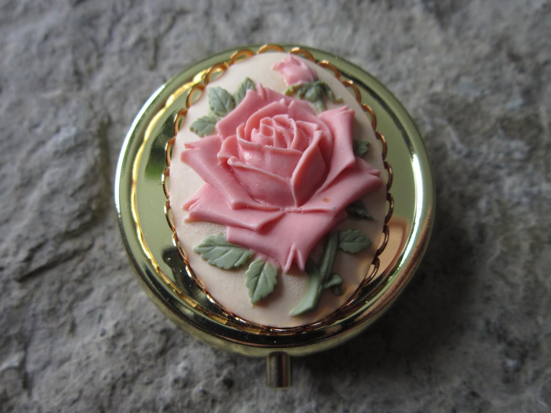 Choose Gold or Silver Pink Rose on Tan Cameo Pill Box Medication Case ...