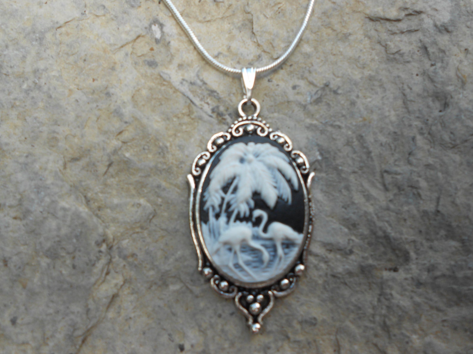 Stunning White Flamingos, Palm Tree and Ocean (on Black) Cameo Pendant ...