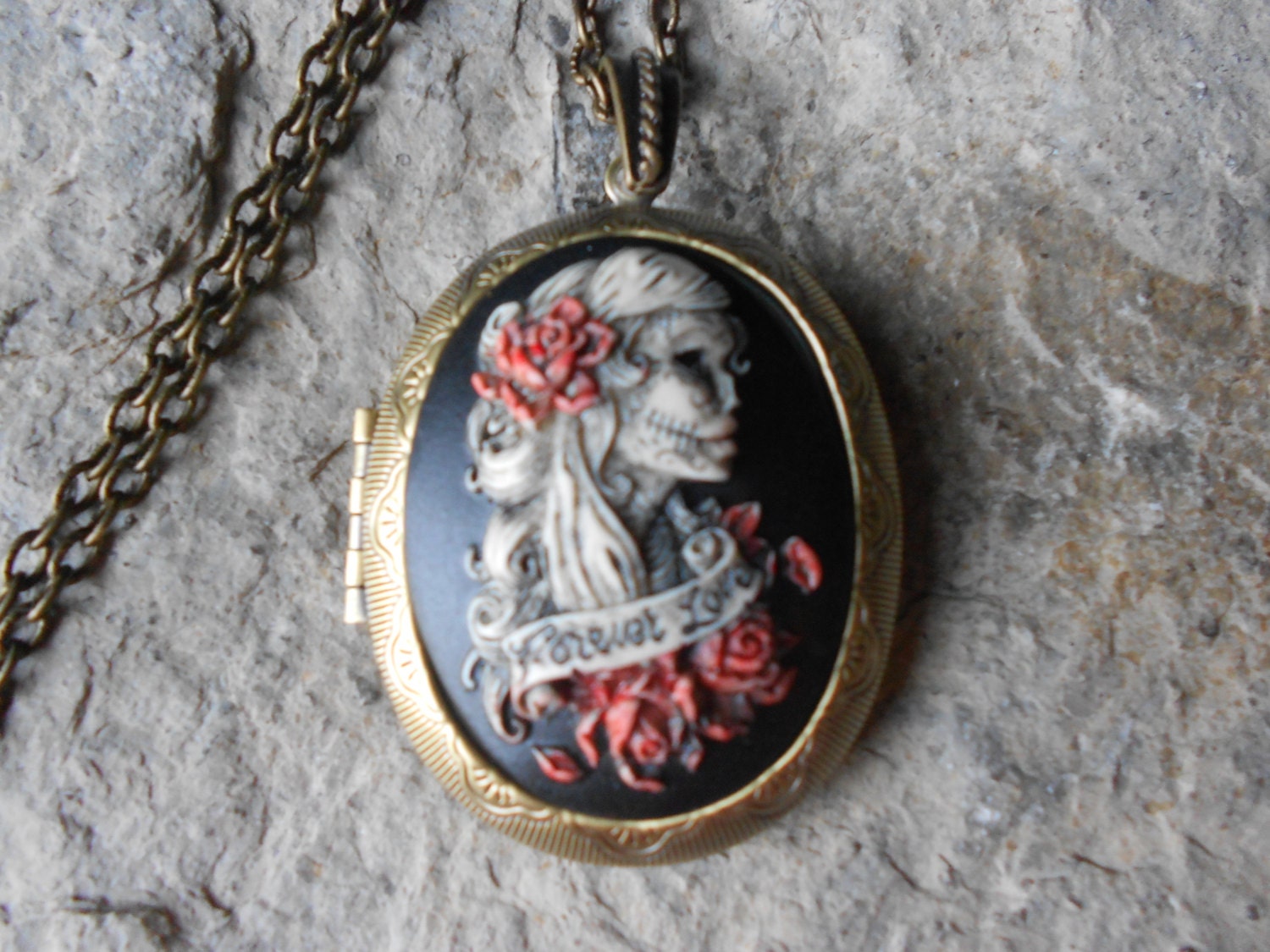 Choose Bronze or Silver - Hand Painted CAMEO LOCKET-- Skeleton Woman ...