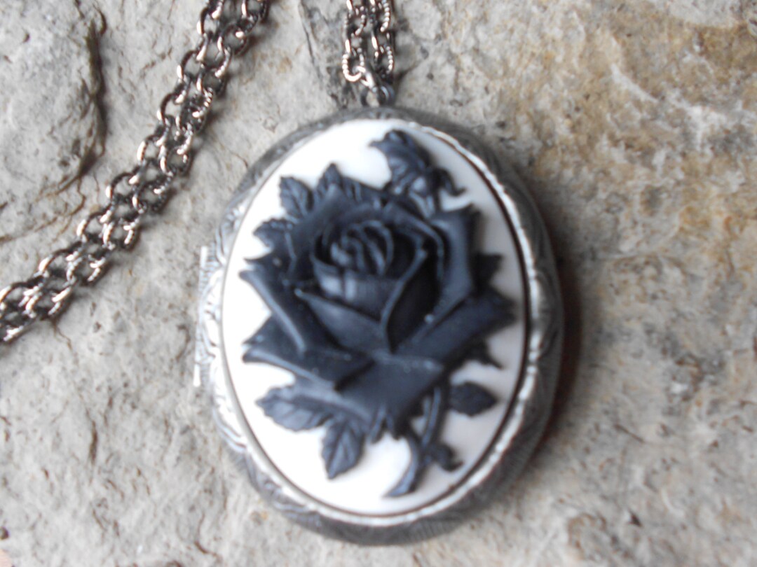 Antique Silver Plated Cameo Locket!!! Black Rose on White- Gorgeous ...
