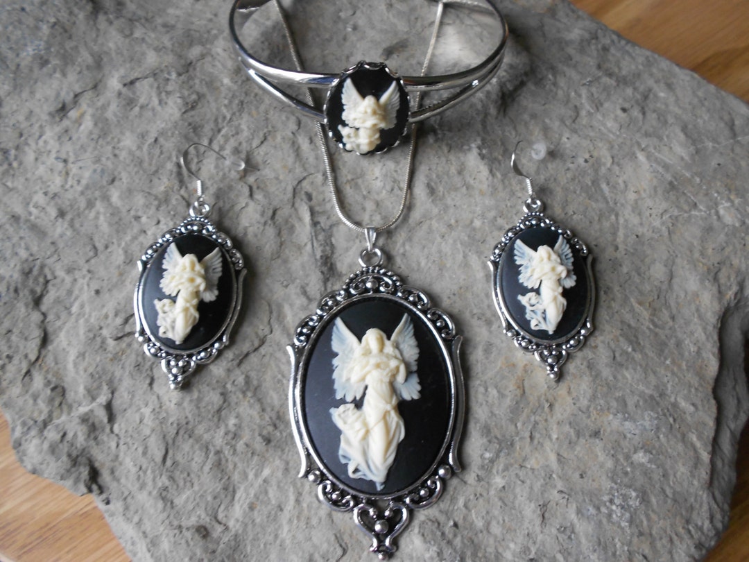 Matching Set-- Guardian Angel Cameo Necklace, Earrings and Bracelet ...