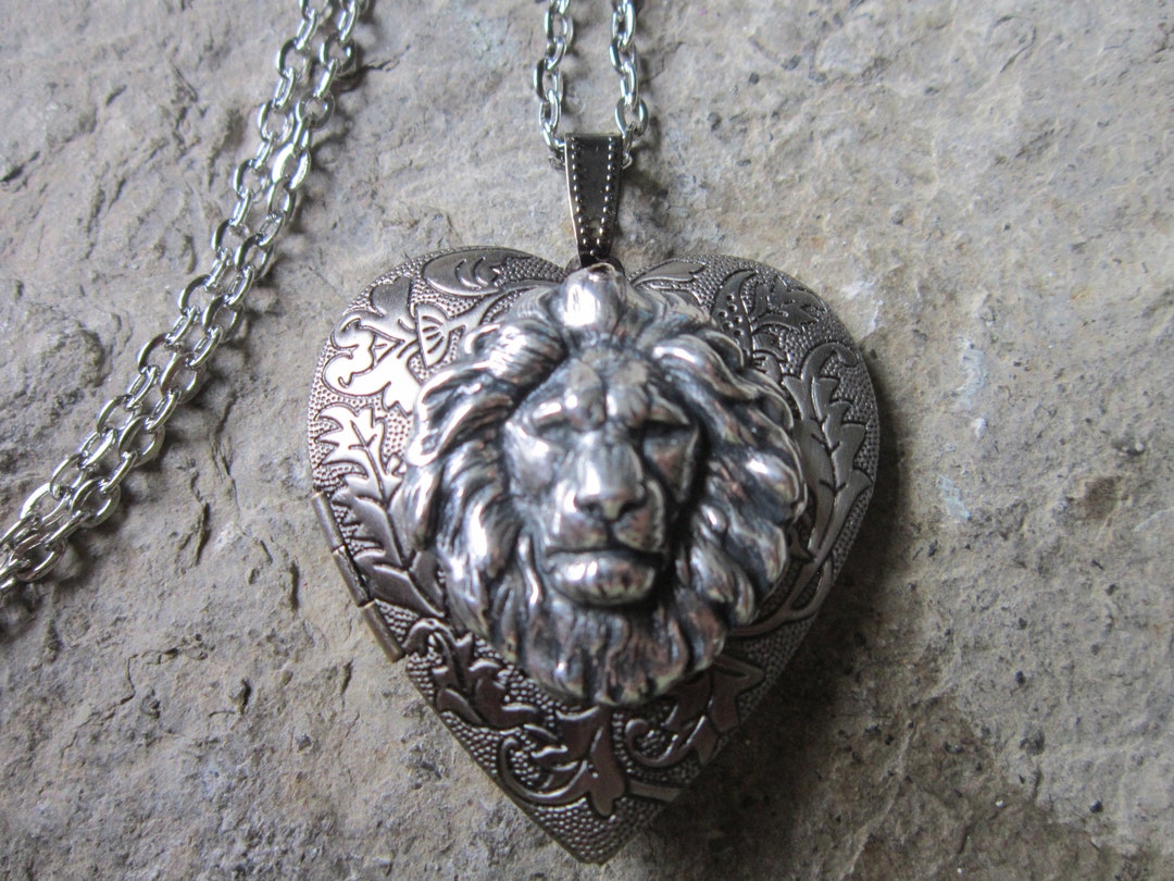 Lion Dark Silver Plated Heart Locket - High Quality - Lion's Head ...