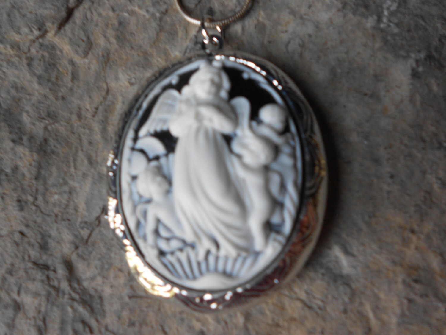 Cameo Locket Guardian Angel With Babies white on Black | Etsy
