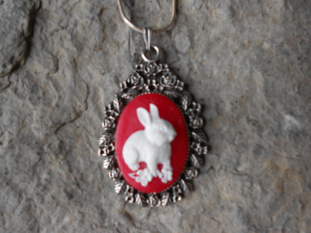 Stunning White Bunny Rabbit (on a Red Background) Cameo Pendant ...