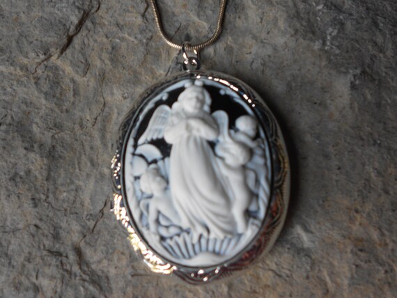 Cameo Locket Guardian Angel With Babies white on Black | Etsy
